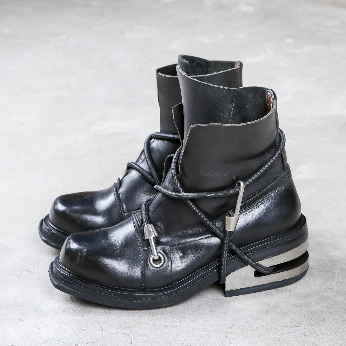 Dirk Bikkembergs Black Bungee Boots 1996 Steel Cut Heel Size 40 – akaibu.co